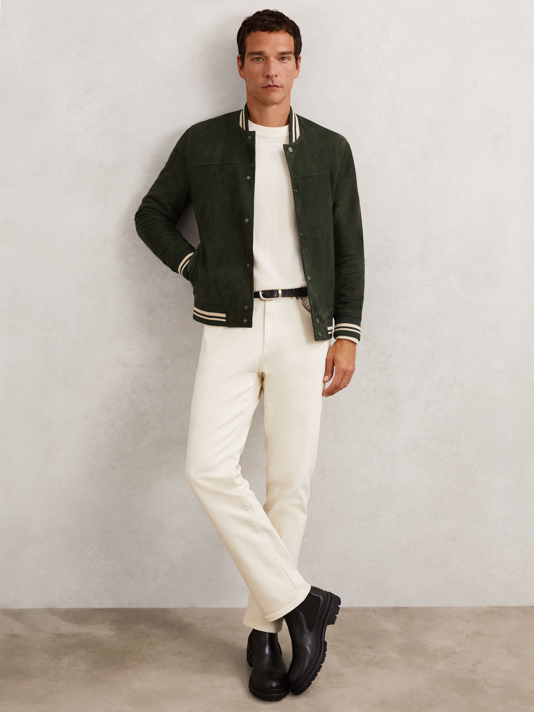 REISS Banridge Suede Stripe-Trim Bomber Jacket